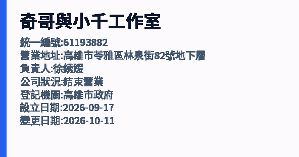 奇哥與小千工作室的照片-統編 61193882(高雄市) 公司登記資料與營業項目詳細圖表