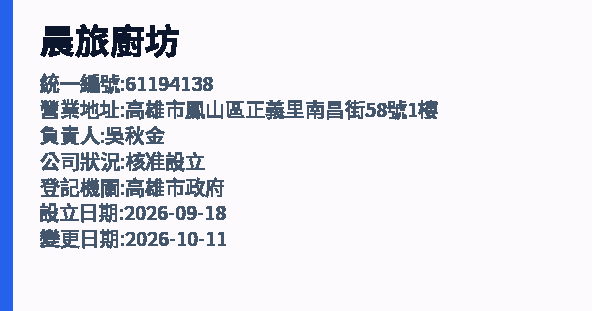 晨旅廚坊的照片-統編 61194138(高雄市) 公司登記資料與營業項目詳細圖表