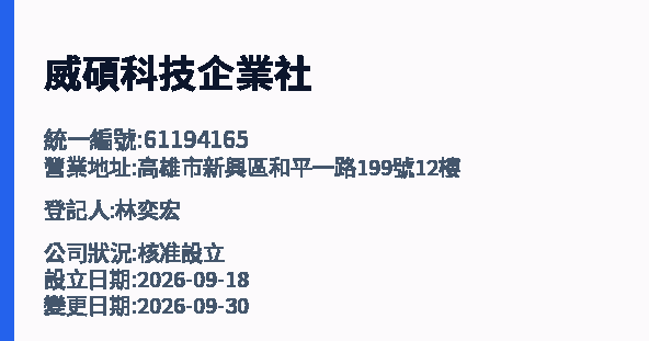 威碩科技企業社的照片-統編 61194165(高雄市) 公司登記資料與營業項目詳細圖表