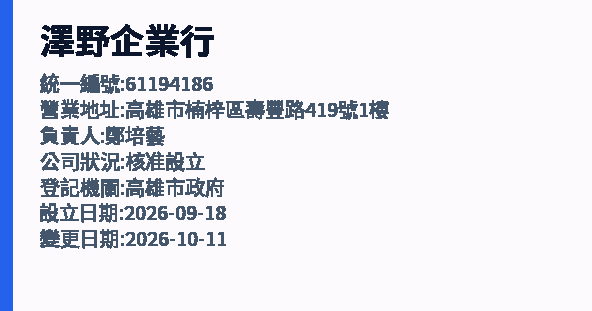 澤野企業行的照片-統編 61194186(高雄市) 公司登記資料與營業項目詳細圖表