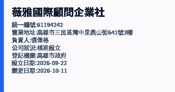 薇雅國際顧問企業社的照片-統編 61194242(高雄市) 公司登記資料與營業項目詳細圖表