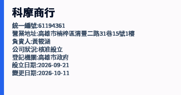 科摩商行的照片-統編 61194361(高雄市) 公司登記資料與營業項目詳細圖表