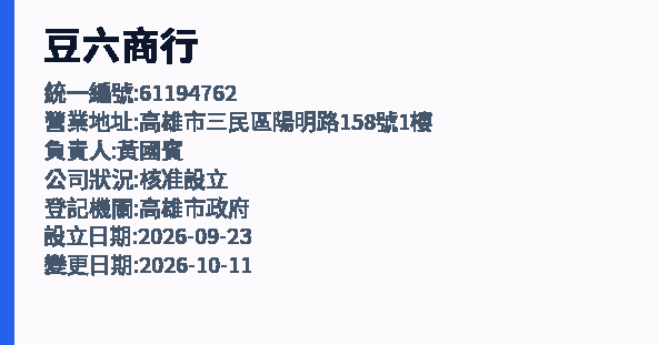 豆六商行的照片-統編 61194762(高雄市) 公司登記資料與營業項目詳細圖表