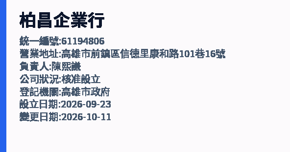 柏昌企業行的照片-統編 61194806(高雄市) 公司登記資料與營業項目詳細圖表