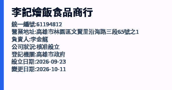 李記燴飯食品商行的照片-統編 61194812(高雄市) 公司登記資料與營業項目詳細圖表