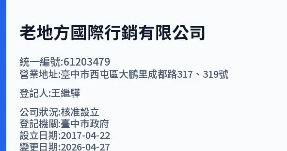 老地方國際行銷有限公司的照片-統編 61203479(臺中市) 公司登記資料與營業項目詳細圖表