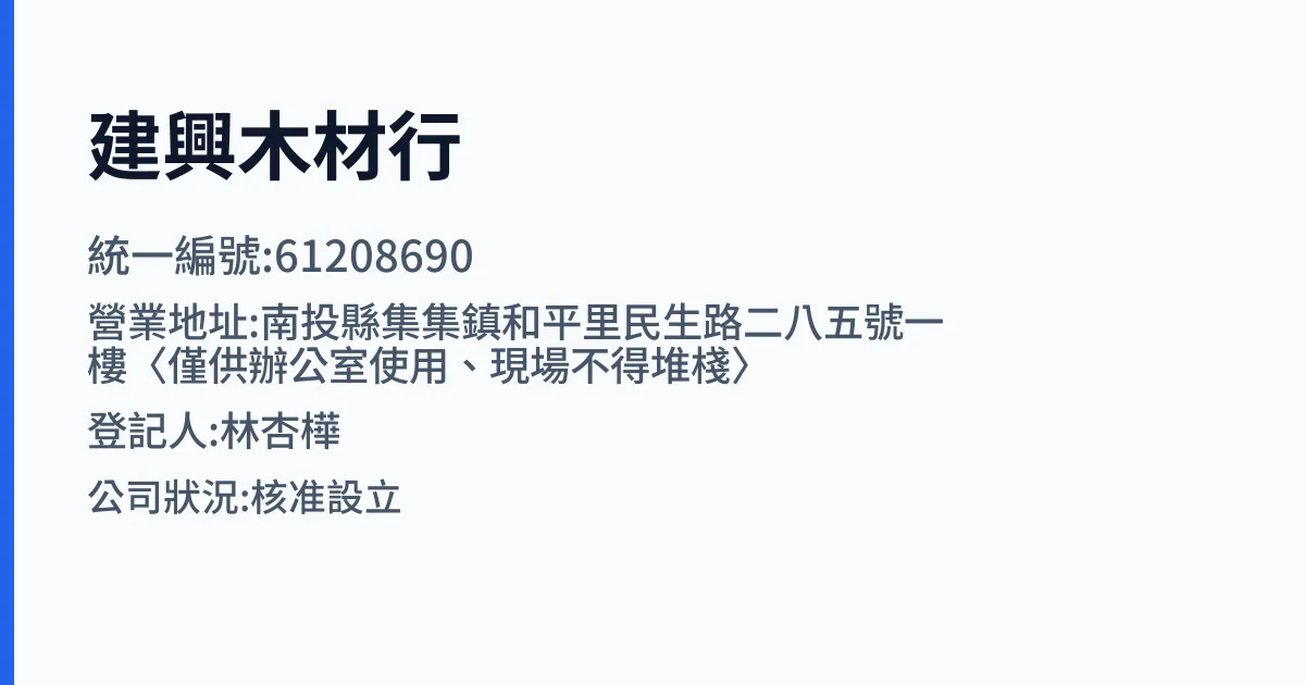 建興木材行 - 統編 61208690(南投縣) 公司登記資料與營業項目詳細圖表