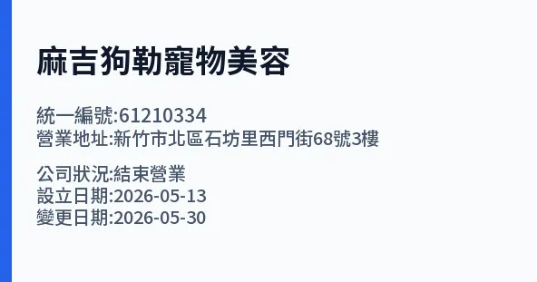 麻吉狗勒寵物美容的照片-統編 61210334(新竹市) 公司登記資料與營業項目詳細圖表
