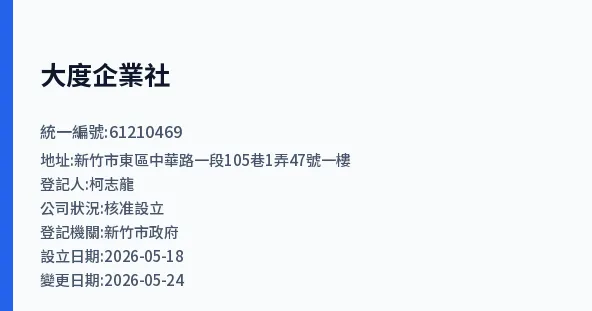 大度企業社的照片-統編 61210469(新竹市) 公司登記資料與營業項目詳細圖表