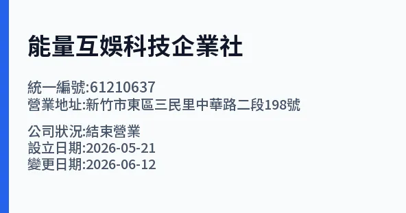 能量互娛科技企業社的照片-統編 61210637(新竹市) 公司登記資料與營業項目詳細圖表