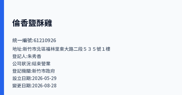 倫香鹽酥雞的照片-統編 61210926 公司登記資料與營業項目詳細圖表