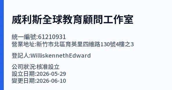 威利斯全球教育顧問工作室的照片-統編 61210931(新竹市) 公司登記資料與營業項目詳細圖表