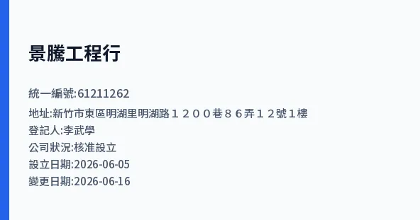 景騰工程行的照片-統編 61211262(新竹市) 公司登記資料與營業項目詳細圖表