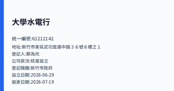 大學水電行的照片-統編 61212142(新竹市) 公司登記資料與營業項目詳細圖表