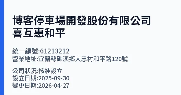 博客停車場開發股份有限公司喜互惠和平的照片-統編 61213212(宜蘭縣) 公司登記資料與營業項目詳細圖表