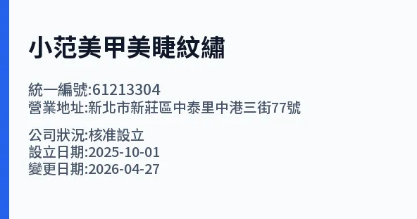 小范美甲美睫紋繡的照片-統編 61213304(新北市) 公司登記資料與營業項目詳細圖表