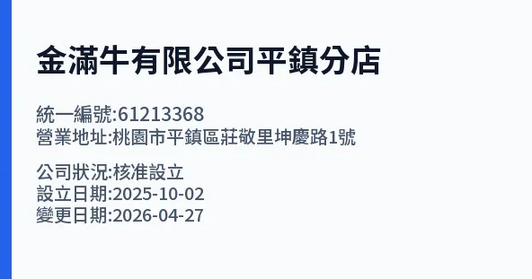 金滿牛有限公司平鎮分店的照片-統編 61213368(桃園市) 公司登記資料與營業項目詳細圖表