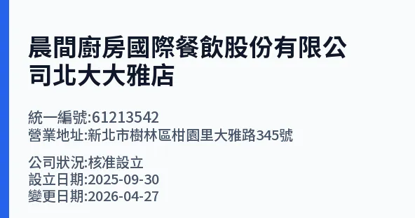 晨間廚房國際餐飲股份有限公司北大大雅店的照片-統編 61213542(新北市) 公司登記資料與營業項目詳細圖表