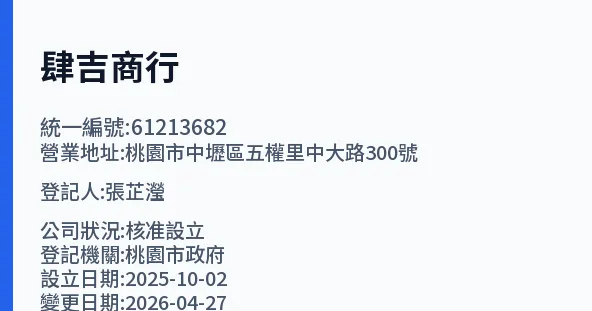 肆吉商行的照片-統編 61213682(桃園市) 公司登記資料與營業項目詳細圖表