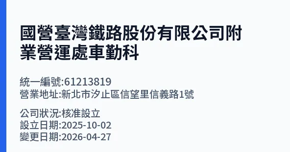 國營臺灣鐵路股份有限公司附業營運處車勤科的照片-統編 61213819(新北市) 公司登記資料與營業項目詳細圖表
