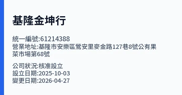 基隆金坤行的照片-統編 61214388(基隆市) 公司登記資料與營業項目詳細圖表