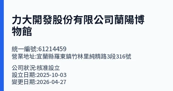 力大開發股份有限公司蘭陽博物館的照片-統編 61214459(宜蘭縣) 公司登記資料與營業項目詳細圖表