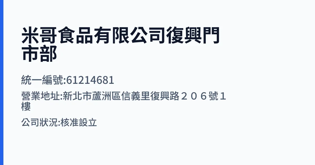 米哥食品有限公司復興門市部 - 統編 61214681(新北市) 公司登記資料與營業項目詳細圖表