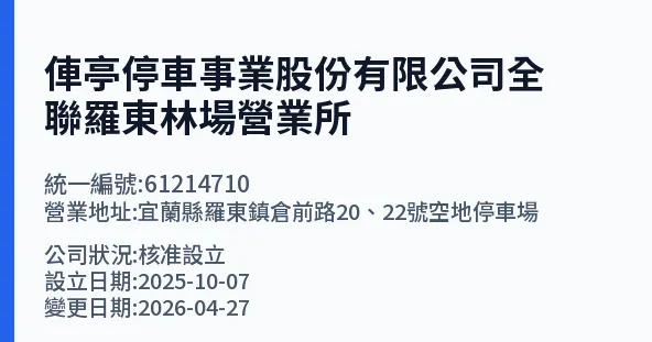 俥亭停車事業股份有限公司全聯羅東林場營業所的照片-統編 61214710(宜蘭縣) 公司登記資料與營業項目詳細圖表
