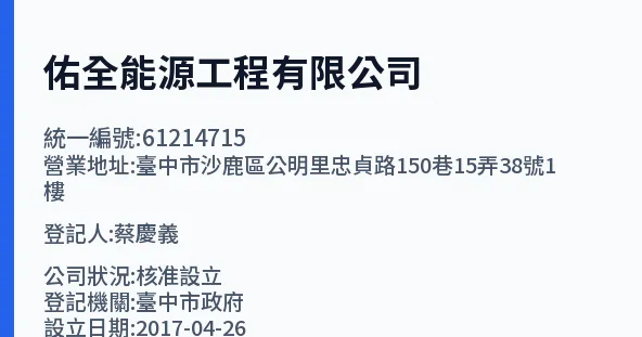 佑全能源工程有限公司的照片-統編 61214715(臺中市) 公司登記資料與營業項目詳細圖表
