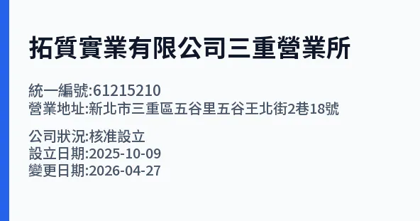 拓質實業有限公司三重營業所的照片-統編 61215210(新北市) 公司登記資料與營業項目詳細圖表