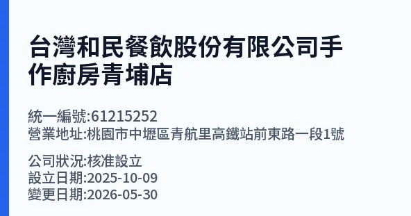 台灣和民餐飲股份有限公司手作廚房青埔店的照片-統編 61215252(桃園市) 公司登記資料與營業項目詳細圖表