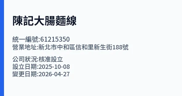陳記大腸麵線的照片-統編 61215350(新北市) 公司登記資料與營業項目詳細圖表