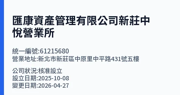 匯康資產管理有限公司新莊中悅營業所的照片-統編 61215680(新北市) 公司登記資料與營業項目詳細圖表