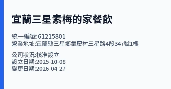 宜蘭三星素梅的家餐飲的照片-統編 61215801(宜蘭縣) 公司登記資料與營業項目詳細圖表