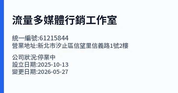 流量多媒體行銷工作室的照片-統編 61215844(新北市) 公司登記資料與營業項目詳細圖表