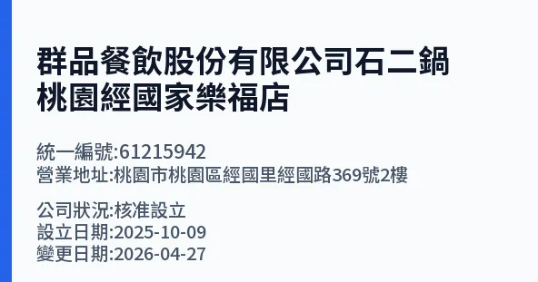群品餐飲股份有限公司石二鍋桃園經國家樂福店的照片-統編 61215942(桃園市) 公司登記資料與營業項目詳細圖表
