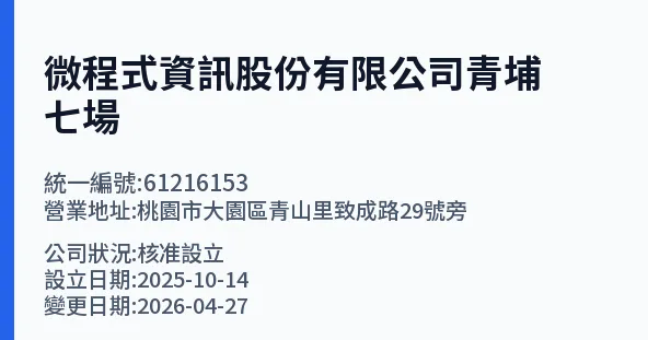 微程式資訊股份有限公司青埔七場的照片-統編 61216153(桃園市) 公司登記資料與營業項目詳細圖表