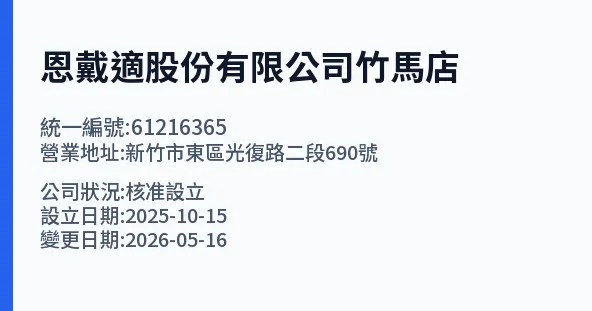 恩戴適股份有限公司竹馬店的照片-統編 61216365(新竹市) 公司登記資料與營業項目詳細圖表