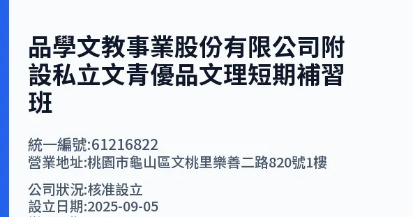 品學文教事業股份有限公司附設私立文青優品文理短期補習班的照片-統編 61216822(桃園市) 公司登記資料與營業項目詳細圖表