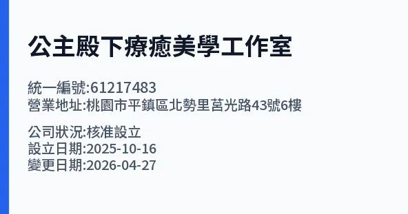 公主殿下療癒美學工作室的照片-統編 61217483(桃園市) 公司登記資料與營業項目詳細圖表