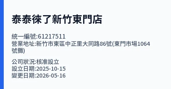 泰泰徠了新竹東門店的照片-統編 61217511(新竹市) 公司登記資料與營業項目詳細圖表