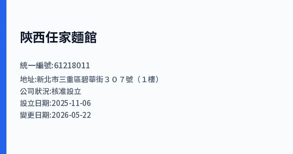 陝西任家麵館的照片-統編 61218011(新北市) 公司登記資料與營業項目詳細圖表