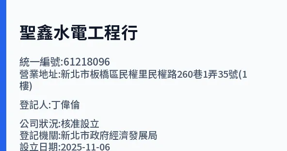 聖鑫水電工程行的照片-統編 61218096(新北市) 公司登記資料與營業項目詳細圖表