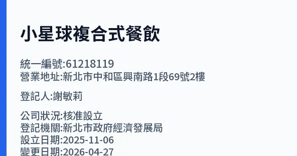 小星球複合式餐飲的照片-統編 61218119(新北市) 公司登記資料與營業項目詳細圖表