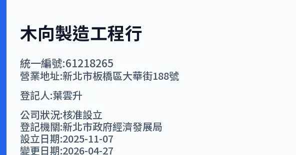 木向製造工程行的照片-統編 61218265(新北市) 公司登記資料與營業項目詳細圖表