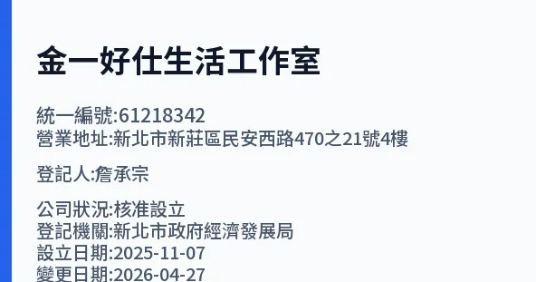 金一好仕生活工作室的照片-統編 61218342(新北市) 公司登記資料與營業項目詳細圖表