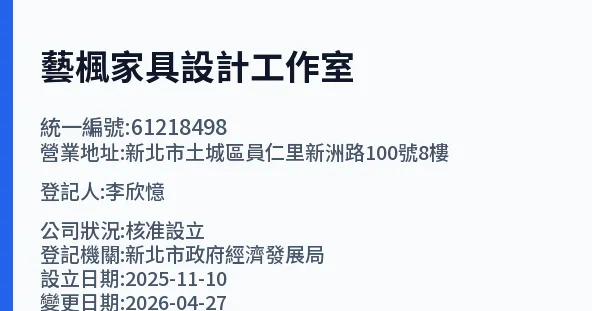 藝楓家具設計工作室的照片-統編 61218498(新北市) 公司登記資料與營業項目詳細圖表