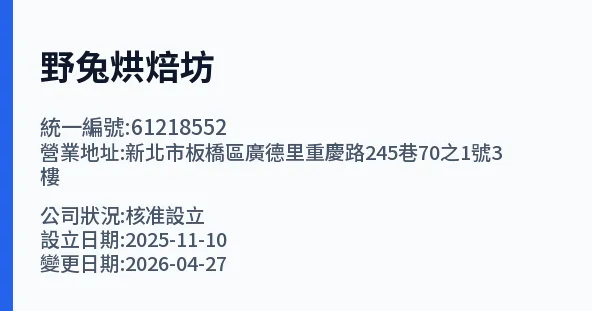 野兔烘焙坊的照片-統編 61218552(新北市) 公司登記資料與營業項目詳細圖表