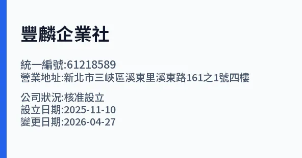 豐麟企業社的照片-統編 61218589(新北市) 公司登記資料與營業項目詳細圖表