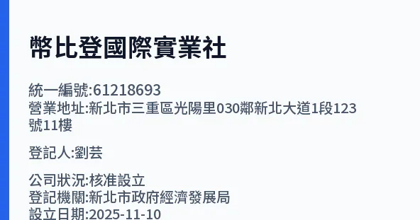 幣比登國際實業社的照片-統編 61218693(新北市) 公司登記資料與營業項目詳細圖表